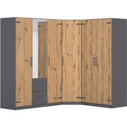 Schrank-Set Rauch "Holmes", grau (graumetallic, eiche artisan), B:221cm H:197cm T:163cm, Holzwerkstoff, Kastenm&ouml;bel-Sets, Schrank-Set, mit Applikationen "Industrial Style" MADE IN GERMANY