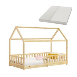 Juskys Kinderbett Marli 90 x 200 cm mit Matratze, Gitter, Lattenrost & Dach - Bett Natur