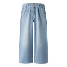 Relax-fit-Jeans name it "NKFBELLA HW W PLEAT JEANS 3020-AZ L NOOS", M&auml;dchen, Gr. 140, N-Gr, light blau denim, Denim/Jeans, Obermaterial: 99% Baumwolle, 1% Elasthan, unifarben, relaxed fit lang, Jeans