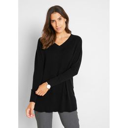 bonprix Damen bonprix Longpullover &raquo;Long-Pullover&laquo; Long-Pullover mit V-Ausschnitt und Seitenschlitzen schwarz 56/58 (XXXL)