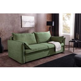 Riess Ambiente Design Schlafsofa APARTMENT 215cm gr&uuml;n Cord 3-Sitzer Couch inkl. Bettkasten Kissen Riess-Ambiente Wohnzimmer Retro Vintage