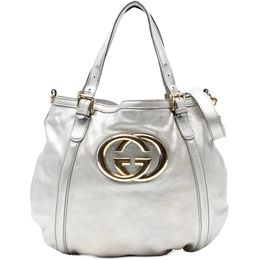 Gucci Hobo Bags - Medium Metallic Calfskin Web Britt Satchel - Gr. unisize - in Silber - f&uuml;r Damen