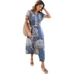 CR&Eacute;ATION L Damen Sommerkleid mit Raffungen an den Schultern ecru-bleu-bedruckt Gr&ouml;&szlig;e 19