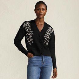 LANDS' END Bestickter Cardigan mit V-Ausschnitt, Damen,  Schwarz, Polyester/Polyacryl/Polyester-Mischung, by Lands' End