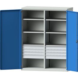 eurokraft pro Schwerlastschrank JUMBO aus Stahlblech, 6 Fachb&ouml;den, Schubladen 6 x 90 mm, 2 x 120 mm hoch, lichtgrau/lichtblau