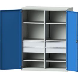 eurokraft pro Schwerlastschrank JUMBO aus Stahlblech, 6 Fachb&ouml;den, 4 Schubladen 180 mm hoch, lichtgrau/lichtblau