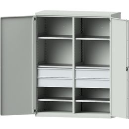 eurokraft pro Schwerlastschrank JUMBO aus Stahlblech, 6 Fachb&ouml;den, 4 Schubladen 180 mm hoch, lichtgrau/lichtgrau