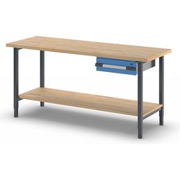 eurokraft pro H&ouml;henverstellbare Werkbank, Gestellbauweise, 1 Schublade, 1 Ablageboden, Breite 2000 mm, anthrazit / blau