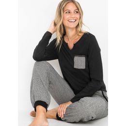 bonprix Pyjama mit Flanellhose, schwarz, Flanell