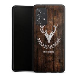DeinDesign Galaxy A52s 5G Handy Premium Silikon H&uuml;lle Handyh&uuml;lle schwarz Case Wooden Look Deer Wood Silikon Premium Case