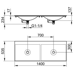 KEUCO Varicor-Waschtisch Edition 11 31263, B: 1400, H: 17, T: 535 mm 31263701400