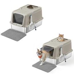 FEANDREA 2er Edelstahl Katzentoilette XL mit Deckel 2 Eing&auml;ngen beige