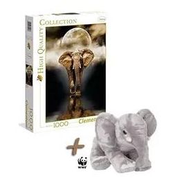 Clementoni Puzzle Der Elefant 1000 Teile + WWF Pl&uuml;schtier Elefant 18cm (R&uuml;ssel runter)