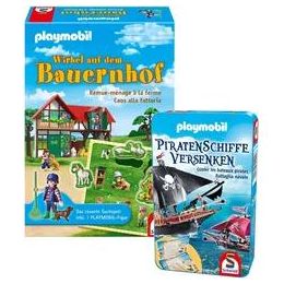 Schmidt Spiele Schmidt - Playmobil 2er BUNDLE - Suchspiel Wirbel auf dem Bauernhof + Piratenschiffe versenken