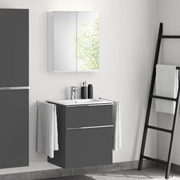 evineo ineo4 Unterschrank B: 61 cm, 2 Ausz&uuml;ge, mit Griff, Waschtisch wei&szlig;, mit Spiegelschrank f&uuml;r die Schweiz,, BE0834WH+BE0200AN+BEA040MI+BL001197,