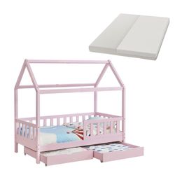 Juskys Kinderbett Marli 80 x 160 cm mit Matratze, Bettkasten, Gitter, Lattenrost & Dach - Bett Rosa
