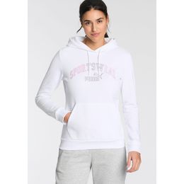 Kapuzensweatshirt Puma "ESS+ LOGO LAB HOODIE FL", Damen, Gr. M, wei&szlig; (Puma wei&szlig;), Fleece, Obermaterial: 66% Baumwolle, 34% Polyester, bedruckt, regular fit normal, Sweatshirts, Oversized Fit, mit K&auml;ngurutasche, mit verstellbarer Kapuze