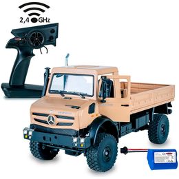 RC-LKW Jamara "Mercedes-Benz Unimog U5023 beige 2,4GHz", beige, Fernlenkfahrzeuge, KinderB:14,5cm H:18,5cm T:32,5cm, Kunststoff, LED-Licht; Ma&szlig;stab 1:14, B:14,5cm H:18,5cm T:32,5cm