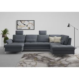 Wohnlandschaft Home Affaire "Palm Beach U-Form", blau (blaugrau), B:347cm H:89cm T:224cm, 100%Polyester, Sofas, Wohnlandschaft, Federkern, mit Sitztiefenverstellung, wahlweise mit Bettfunktion