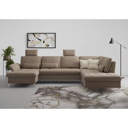Wohnlandschaft Home Affaire "Palm Beach U-Form", grau (taupe), B:347cm H:89cm T:224cm, 98%Polyester, 2%Polyamid, Sofas, Wohnlandschaft, Federkern, mit Sitztiefenverstellung, wahlweise mit Bettfunktion