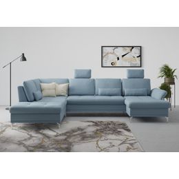 Wohnlandschaft Home Affaire "Palm Beach U-Form", blau (hellblau), B:347cm H:89cm T:224cm, 98%Polyester, 2%Polyamid, Sofas, Wohnlandschaft, Federkern, mit Sitztiefenverstellung, wahlweise mit Bettfunktion