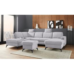 Wohnlandschaft Home Affaire "Lolland U-Form", silber, B:303cm H:88cm T:212cm, Struktur impr&auml;gniert - feucht abwischbar (100% Polyester);Struktur Flausch (90% Polyester, 10% Polyamid);Luxus-Microfaser ALTARA NUBUCK (100% Polyester), Sofas, Wohnlandschaft, Wahlweise mit Bettfunktion und Stauraum, auch mit abwischbarem Bezug