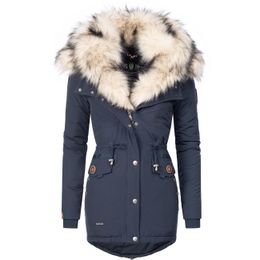Wintermantel Navahoo "Sweety", Damen, Gr. S (36), blau (navy), Obermaterial: 60% Polyester, 40% Baumwolle; Futter: 100% Polyester; Wattierung: 100% Polyester; &Auml;rmelfutter: 100% Polyester; Kunstpelz: 90% Polyacryl, 10% Polyester, kontrastfarbene Details, figurbetont Po-bedeckend, &Auml;rmel ohne &Auml;rmelschlitz Rippstrickb&uuml;ndchen, M&auml;ntel Wintermantel, Winterparka mit 2 Kunstpelz-Kapuzen