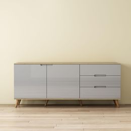 Sideboard OTTO HOME "Lund", grau, B:180cm H:75cm T:40cm, ABS-Kunststoff, FSC-zertifizierter Holzwerkstoff, MDF, Melamin, Spanplatte, Sideboards, Sideboard, mit gl&auml;nzenden Fronten, Griffmulden, helles Holzdekor, Breite 180 cm
