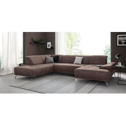 Wohnlandschaft Home Affaire "Caluna", braun, B:334cm H:81cm T:235cm, Flachgewebe Mura: (100% Polyester);Luxus-Microfaser Vintageoptik (100% Polyester);Luxus-Mikrofaser (90% Polyester, 10% Polyamid), Sofas, Wohnlandschaft, Inkl.Sitztiefenverstellung, wahlweise mit Kopf- und Armteilverstellung