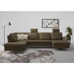 Wohnlandschaft Home Affaire "Palm Beach U-Form", gr&uuml;n (olive), B:347cm H:89cm T:224cm, 100%Polyester, Sofas, Wohnlandschaft, Federkern, mit Sitztiefenverstellung, wahlweise mit Bettfunktion
