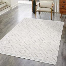 Teppich Carpet City "CLASICO 8927", beige (creme), B:160cm H:11mm L:230cm, Obermaterial: 100% Polyester, Teppiche, Teppich, L&auml;ufer, Kurzflor, Hochtief-Muster, Boho, Fransen, Wohnzimmer