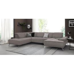 Wohnlandschaft Home Affaire "Caluna", grau (hellgrau), B:334cm H:81cm T:235cm, Flachgewebe Mura: (100% Polyester);Luxus-Microfaser Vintageoptik (100% Polyester);Luxus-Mikrofaser (90% Polyester, 10% Polyamid), Sofas, Wohnlandschaft, Inkl.Sitztiefenverstellung, wahlweise mit Kopf- und Armteilverstellung