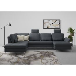 Wohnlandschaft Home Affaire "Palm Beach U-Form", grau (dunkelgrau), B:347cm H:89cm T:224cm, 98%Polyester, 2%Polyamid, Sofas, Wohnlandschaft, Federkern, mit Sitztiefenverstellung, wahlweise mit Bettfunktion