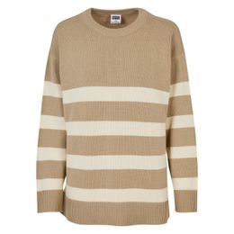 Rundhalspullover Urban Classics "Urban Classics Damen Ladies Striped Knit Crew Sweater", Damen, Gr. XS, wetsand, sand, 60% Baumwolle, 40% Polyacryl, gestreift, oversize, Rundhals, Pullover Rundhalspullover