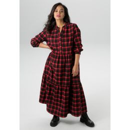 Karokleid ANISTON PLUS, Damen, Gr. 48, N-Gr, schwarz (rot, schwarz kariert), Web, Obermaterial: 60% Baumwolle, 40% Polyester, kariert, figurumspielend kn&ouml;chellang, V-Ausschnitt, Kleider, aus weicher Flanell mit Karo