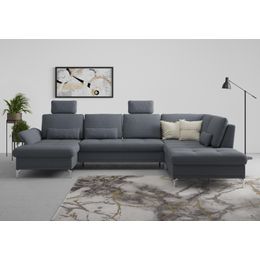 Wohnlandschaft Home Affaire, B:347cm H:89cm T:224cm, blau, 100%Polyester, Sofas, "Palm Beach U-Form", Federkern, mit Sitztiefenverstellung, wahlweise