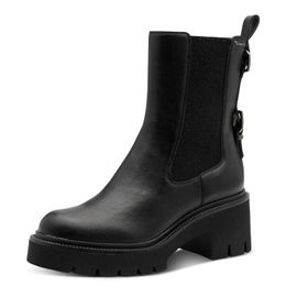 Tamaris Damen Chelseaboots, Gr. 37schwarz, Elastischer Einsatz, Lederimitat, unifarben, Schuhe, Blockabsatz, Stiefelette mit Zierschnallen-Element an
