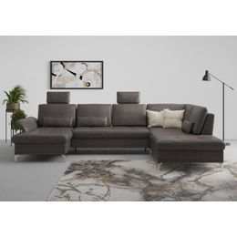 Wohnlandschaft Home Affaire, B:347cm H:89cm T:224cm, grau, 100%Polyester, Sofas, "Palm Beach U-Form", Federkern, mit Sitztiefenverstellung, wahlweise