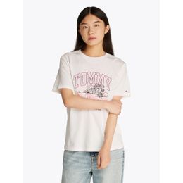 Tommy Jeans Damen T-Shirt "TJW RLX TONAL TROPICS TEE", beige, Gr. S, bedruckt, Single Jersey, Obermaterial: 100% Baumwolle, Shirts, mit grafischem