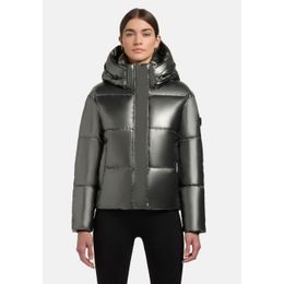 Steppjacke Khujo "Devina Shiny-YM", Damen, Gr. L (40), grau (mittelgrau), Obermaterial: 50% Polyurethan, 50% Polyester; Futter: 100% Nylon; Wattierung: 100% Polyester, weit h&uuml;ftbedeckend, hoch geschlossener Ausschnitt, &Auml;rmel ohne &Auml;rmelschlitz normaler Saum, Jacken Steppjacke, Gl&auml;nzende kurze Winterjacke f&uuml;r Damen
