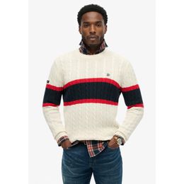 Strickpullover Superdry "Cotton Stripe Cable Jumper", Herren, Gr. L, ecru, eclipse navy, Strick, Obermaterial: 100% Baumwolle, gemustert, regular fit normal, Rundhals, Rippb&uuml;ndchen, Pullover Strickpullover, aus Baumwolle, Regular Fit, mit Rundhalsausschnitt