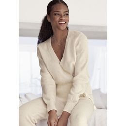 Lascana Damen Wickelstrickjacke, Gr. 48, beige, Strick, Obermaterial: 52% Polyester, 44% Polyacryl, 4% Elasthan, meliert, unifarben, Strickjacken,