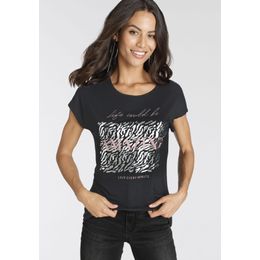 Laura Scott Damen T-Shirt, schwarz, Gr. 42, bedruckt, Single Jersey, Obermaterial: 95% Viskose, 5% Elasthan, Shirts, figurumspielende Passform, aus