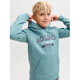 Jack & Jones Kinder Kapuzensweatshirt "JJELOGO SWEAT HOOD 2 COL AW25 NOOS JNR", gr&uuml;n, Gr. 176, JACK & JONES JUNIOR, bedruckt, angeraute Sweatware, Obermaterial: