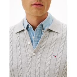 Tommy Hilfiger Herren Polokragenpullover "CLASSIC COTTON CABLE", grau, Gr. M, Strick, Obermaterial: 100% Baumwolle, Pullover, mit Zopfmuster, regular