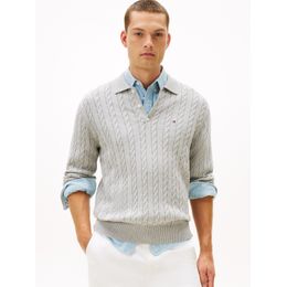 Polokragenpullover Tommy Hilfiger "CLASSIC COTTON CABLE", Herren, Gr. M, light grau heather, Strick, Obermaterial: 100% Baumwolle, regular fit, Rippb&uuml;ndchen, Pullover, mit Zopfmuster, regular fit