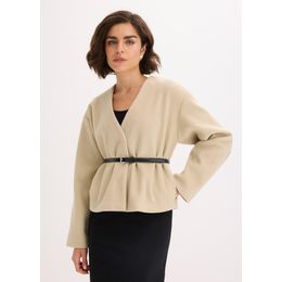 bonprix Oversized Blazer mit G&uuml;rtel in Wolloptik ungef&uuml;ttert, beige
