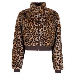 Allwetterjacke Urban Classics "Urban Classics Ladies Cropped Faux Fur Leo Jacket", Damen, Gr. XL, leo, 100% Polyester, animal-print, normal, hoch geschlossener Ausschnitt, Jacken