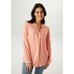 Schlupfbluse Aniston SELECTED, Damen, Gr. 38, hellrosa, orange, pink, Web, Obermaterial: 100% Viskose, bedruckt, gemustert, l&auml;ssig geschnitten h&uuml;ftbedeckend, V-Ausschnitt, mit Knopf B&uuml;ndchen, Blusen Schlupfbluse, mit angesagter geometrischer Wabenmusterung -NEUE KOLLEKTION