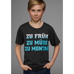 Kidsworld Jungen T-Shirt "Mit Spruch: ZU FR&Uuml;H, ZU M&Uuml;DE...", grau, Basic, Gr. 140, meliert, Jersey, Obermaterial: 60% Baumwolle, 40% Polyester,